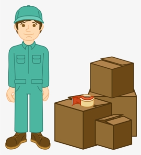 Moving Man In Blue Next To Box Pile - Packers And Movers Clipart Png ...