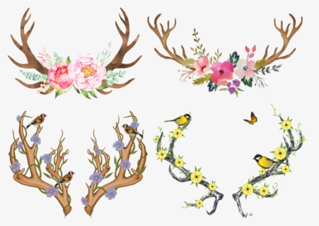 Antlers And Flowers Png Free - Watercolor Floral Antler Clipart , Free ...